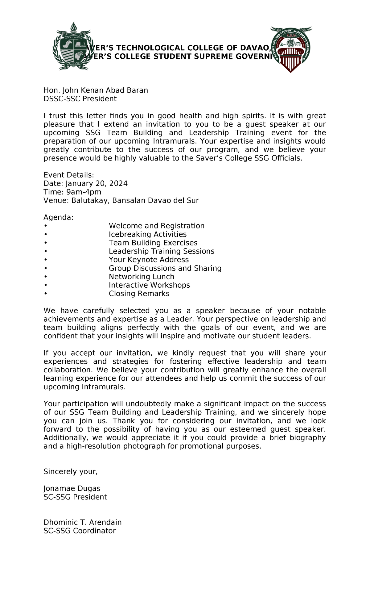 (Baran)Letter for Guest Speaker for SSG Training - SAVER’S ...