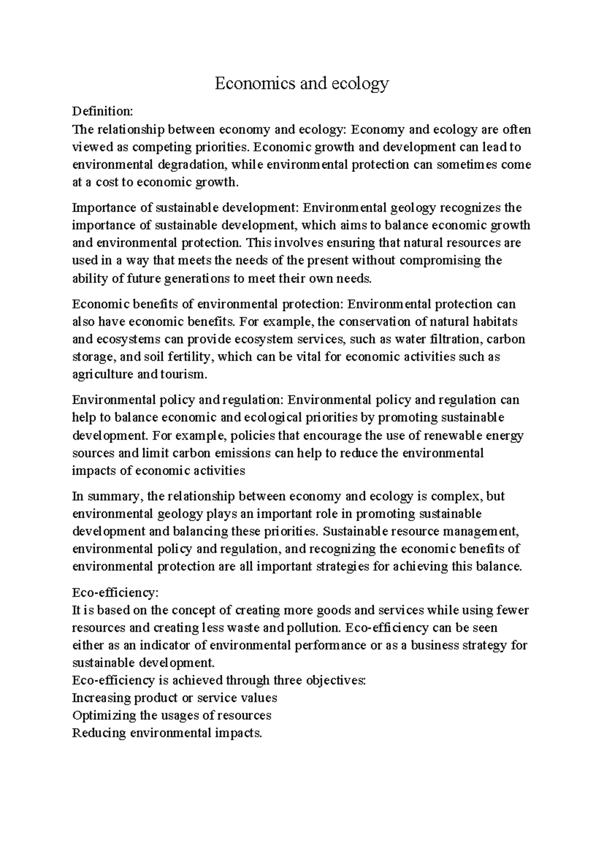 ECO 101: Economics and Ecology - Balancing Growth and Sustainability - Studocu