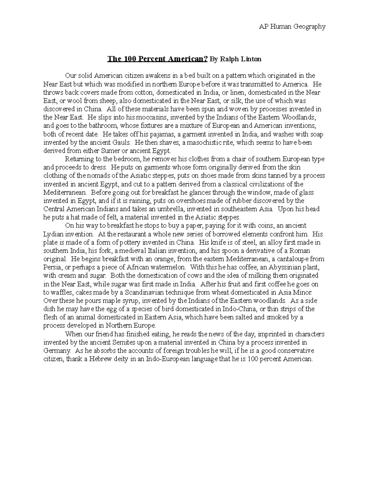 The 100 Percent American Reading and Assignment - AP Human Geography ...