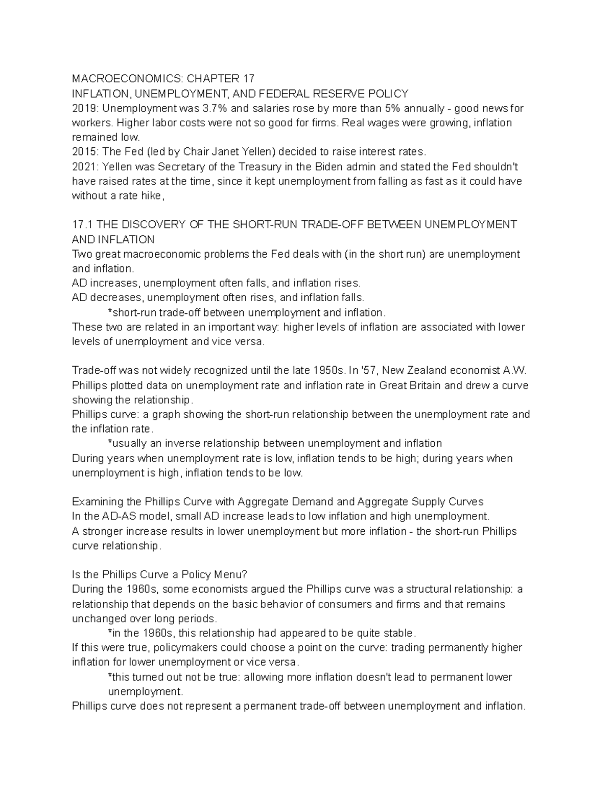 Macroeconomics Chapter 17: Inflation, Unemployment & Fed Policy Analysis - Studocu