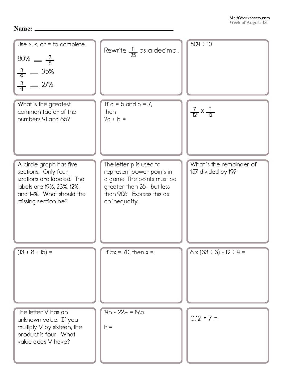 Math Worksheets for Grade 6 - Week of August 18 - Studocu
