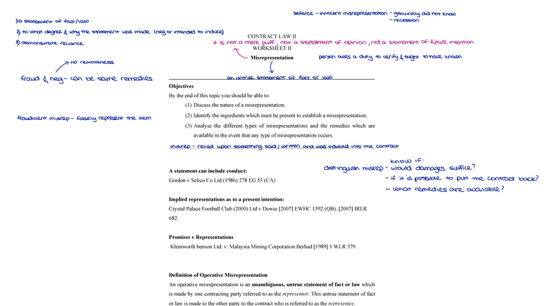 CONTRACT LAW II: Misrepresentation Worksheet II Notes - Studocu