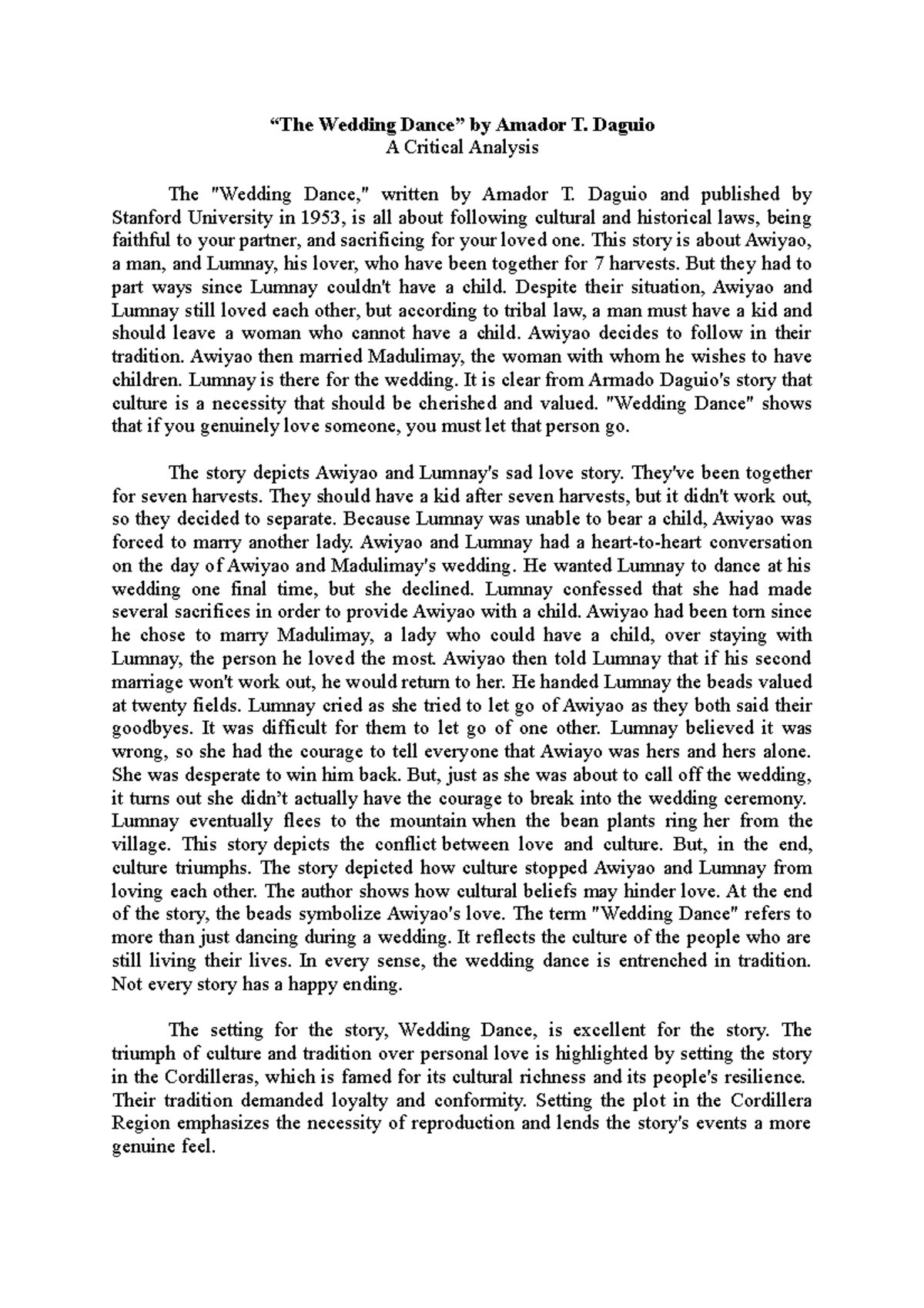 The Wedding Dance Critique Paper - “The Wedding Dance” by Amador T ...