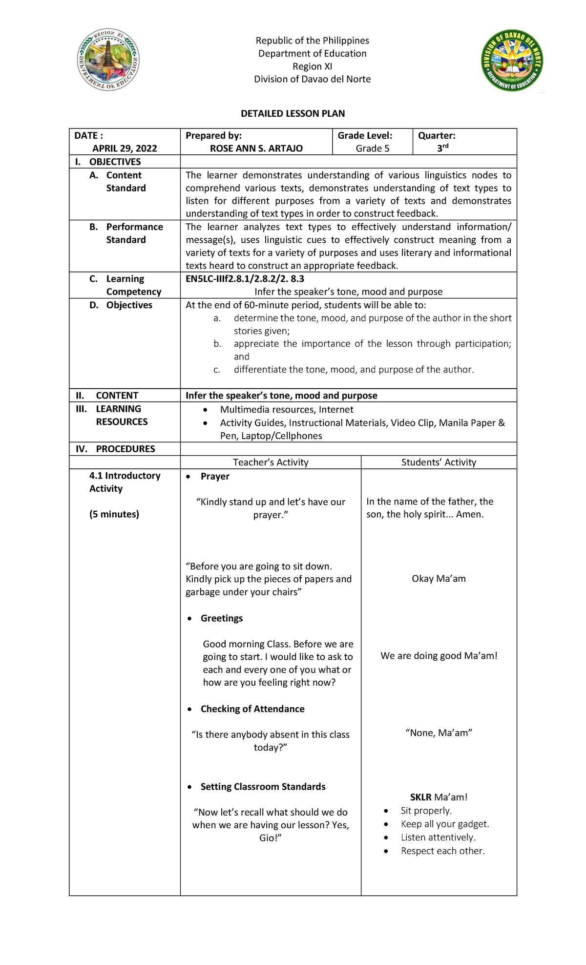 Detailed Lesson Plan: Infer Speaker's Tone, Mood & Purpose (Grade 5 ...