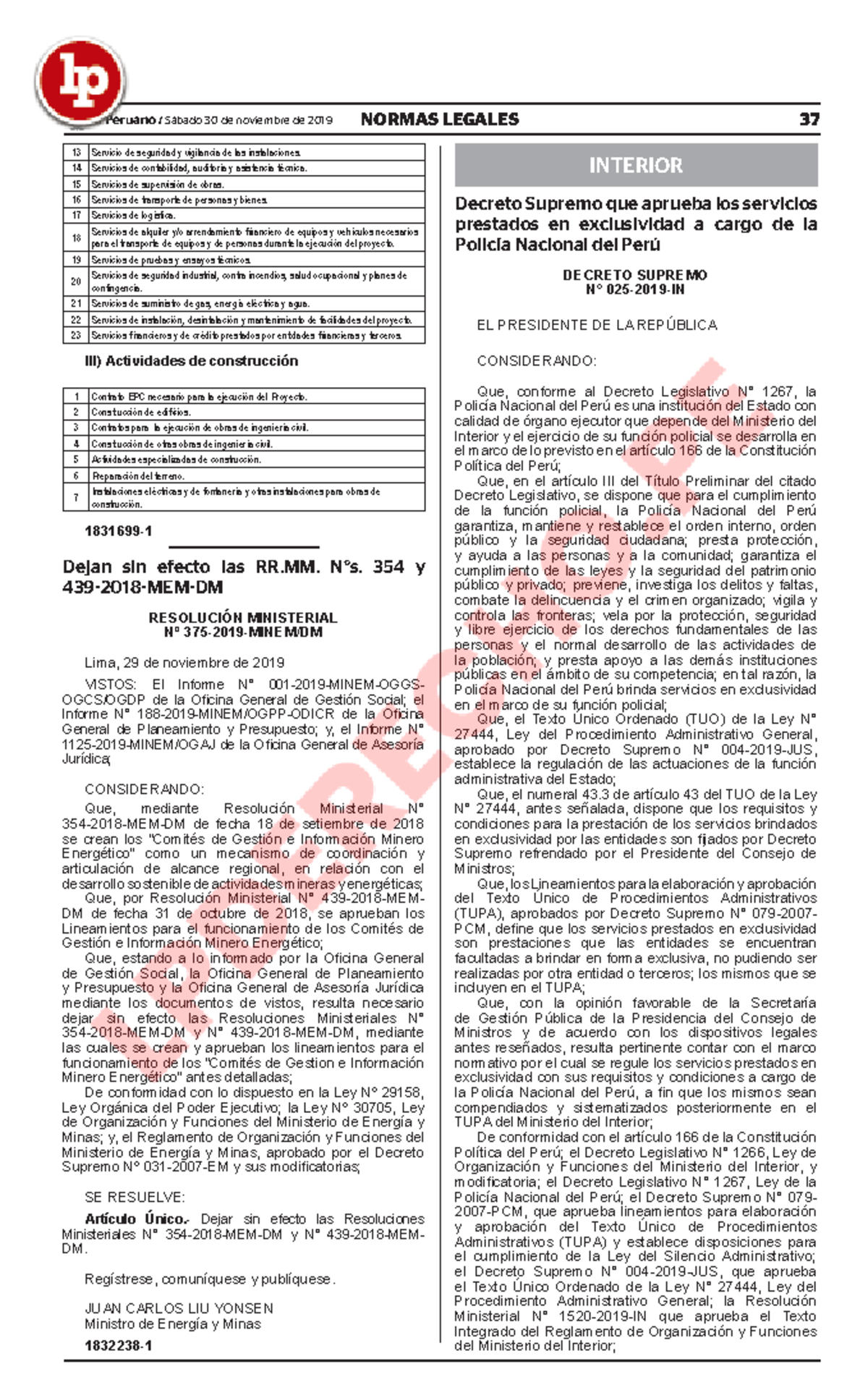 Decreto Supremo 025-2019: Normas Legales sobre Servicios de la PNP - Studocu