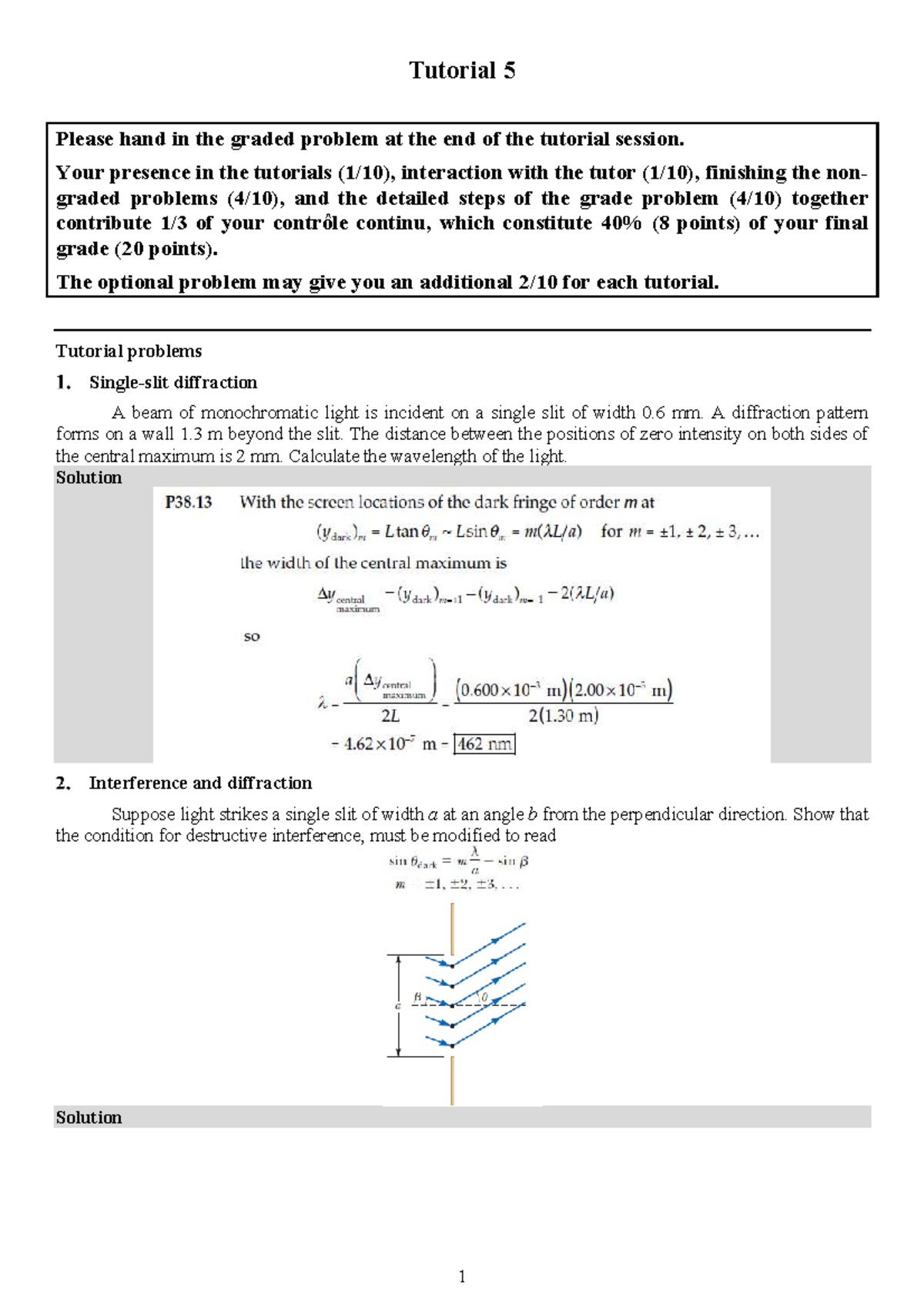 PHY221 Tutorial 5: Solutions to Diffraction Problems - Studocu