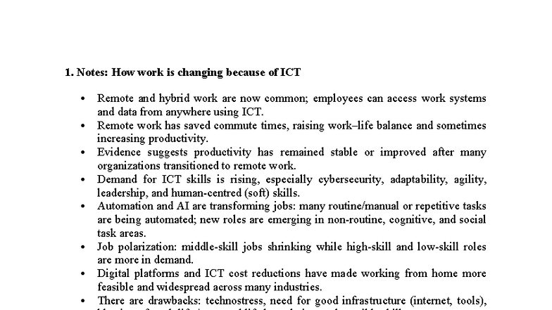 Unit 1 - ICT in the Workplace: Impact of Remote Work on Jobs - Studocu