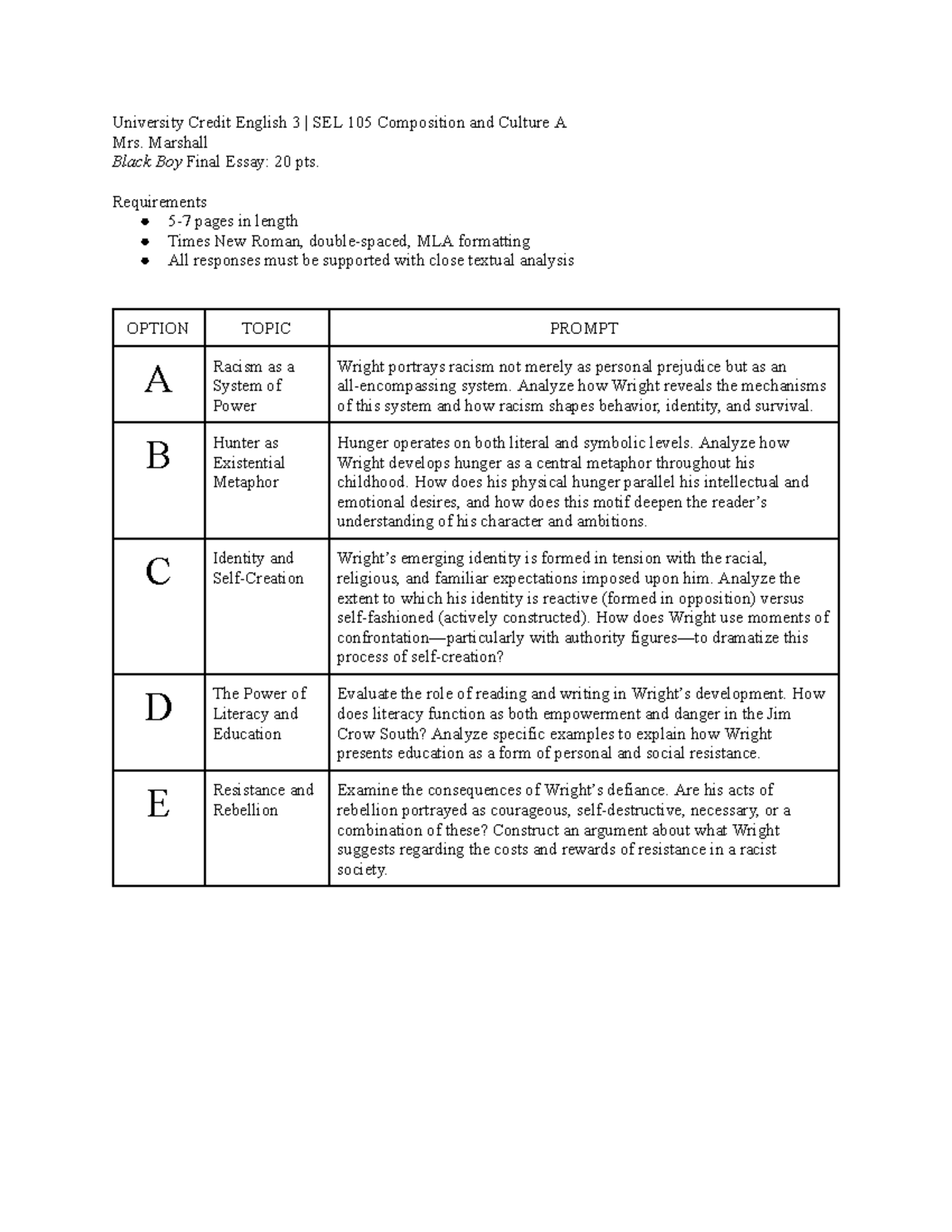 SEL 105 Final Essay: Analyzing Racism and Identity in Wright's Black ...