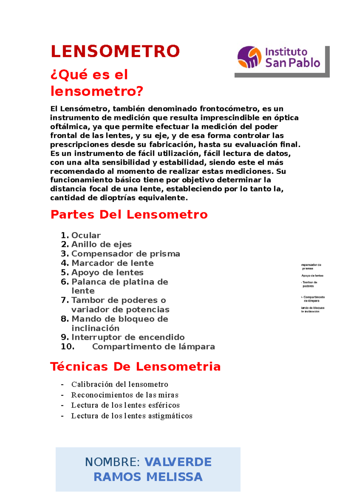 Lensómetro: Definición, Partes y Técnicas de Medición en Óptica - Studocu