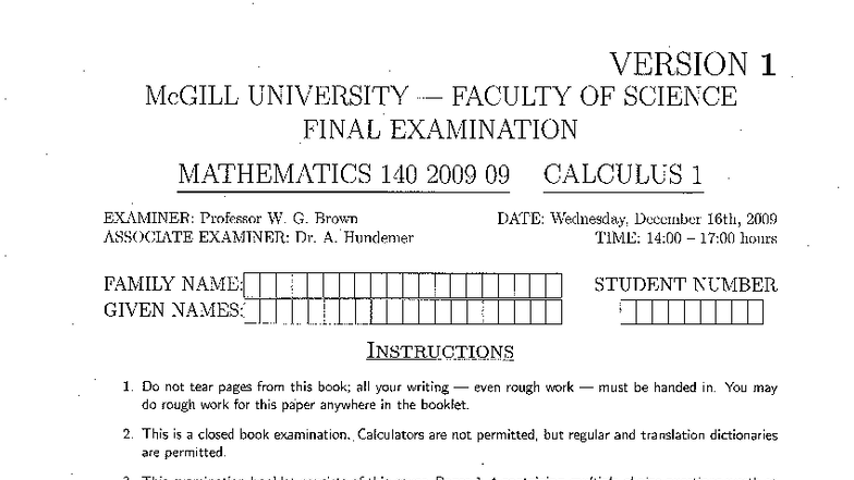 Final Exam Math 140 - Calculus 1 - McGill University - Fall 2009 - Studocu
