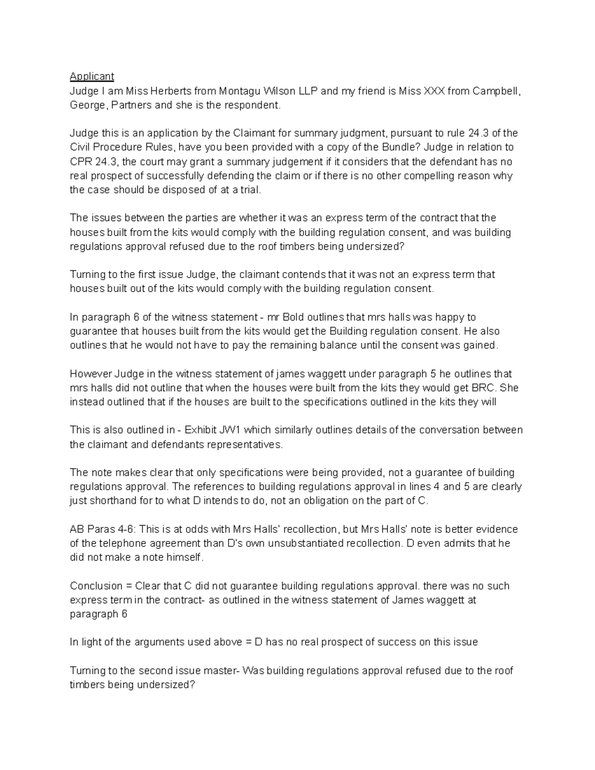 Dispute Workshop 7: Summary Judgment Analysis for Claimant - Studocu
