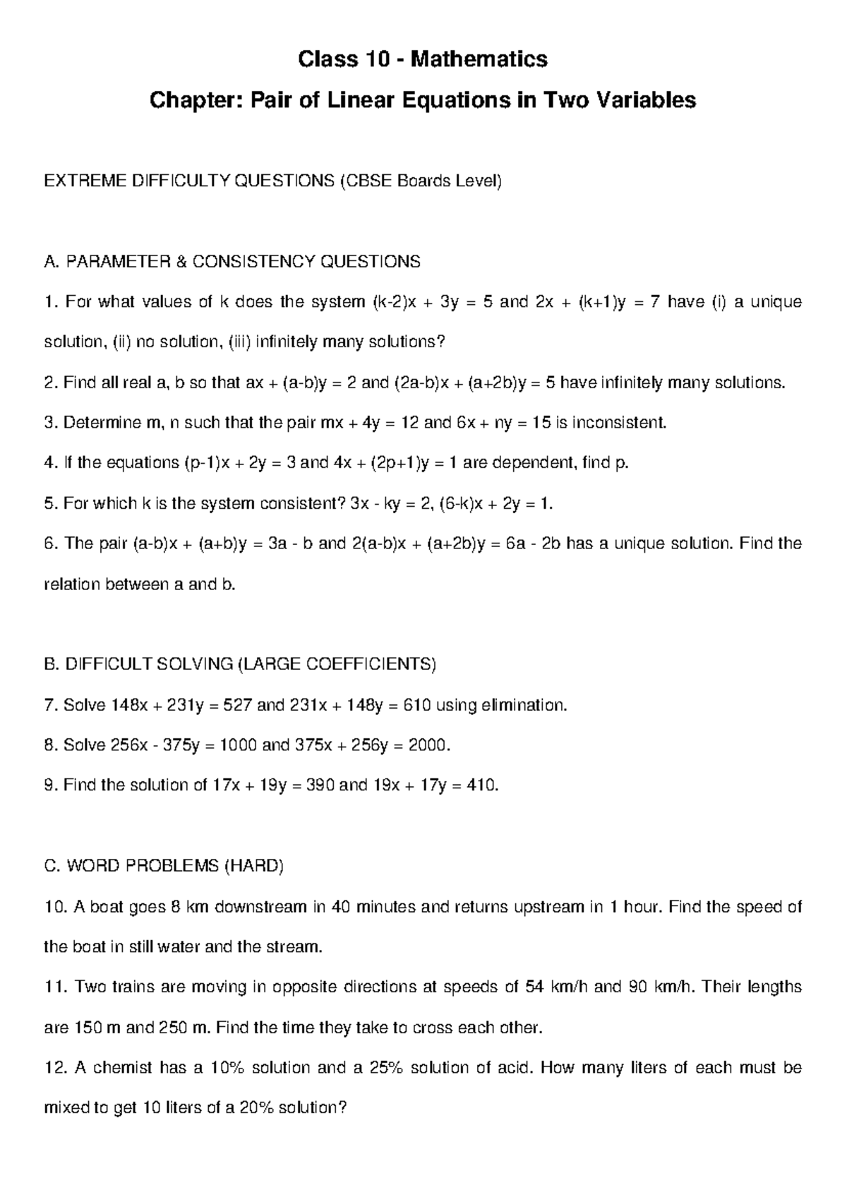 Class 10 Mathematics: Extreme Difficulty Questions on Linear Equations ...