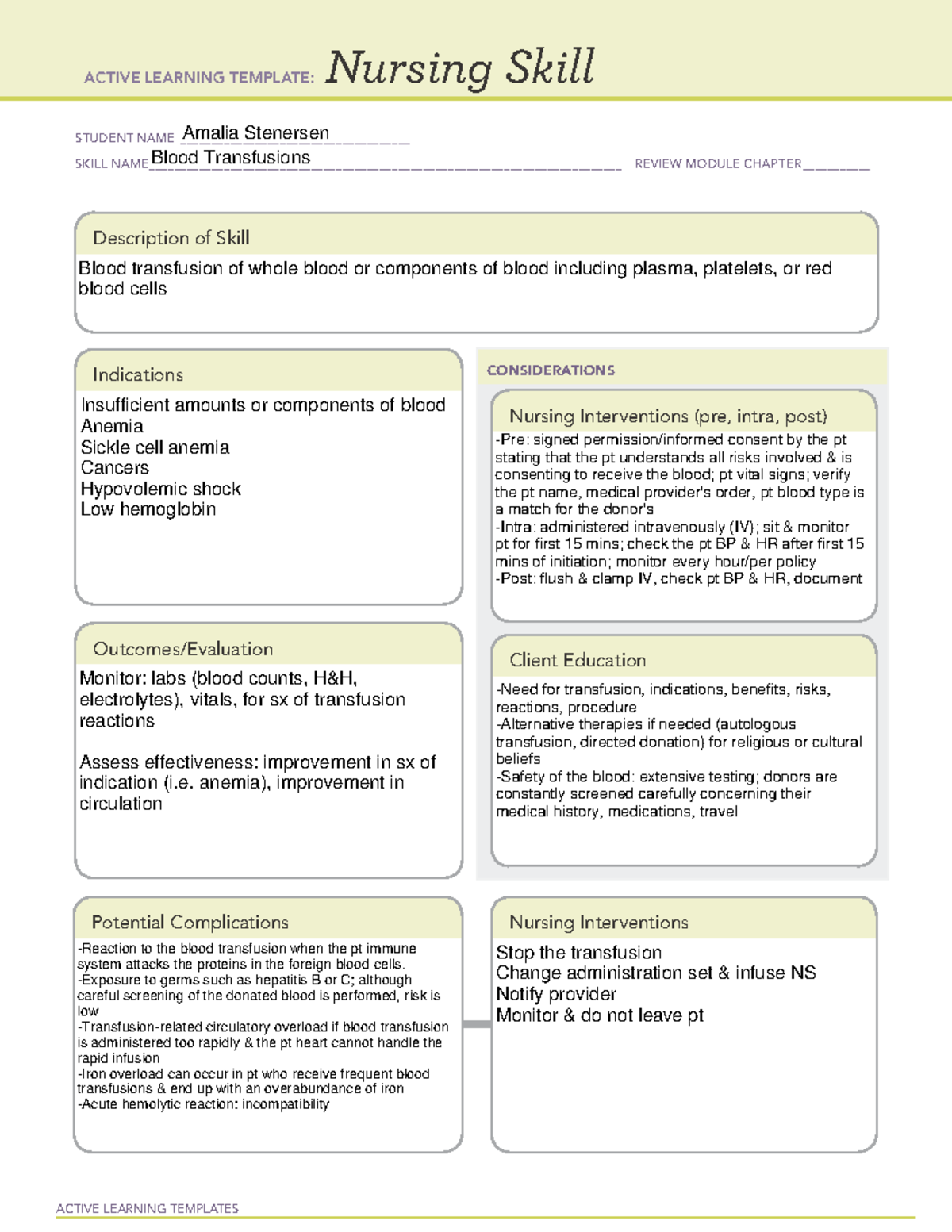 ACTIVE LEARNING TEMPLATE: Nursing Skill - Blood Transfusions - Studocu