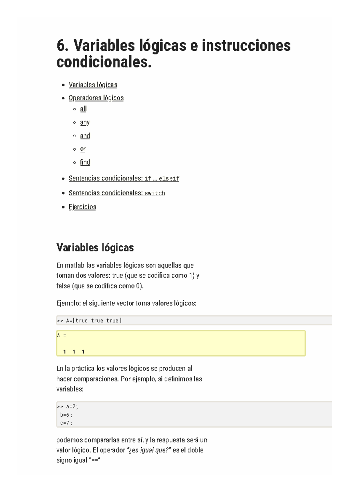 Tema 4.2 - Variables Lógicas y Condicionales en MATLAB - Studocu