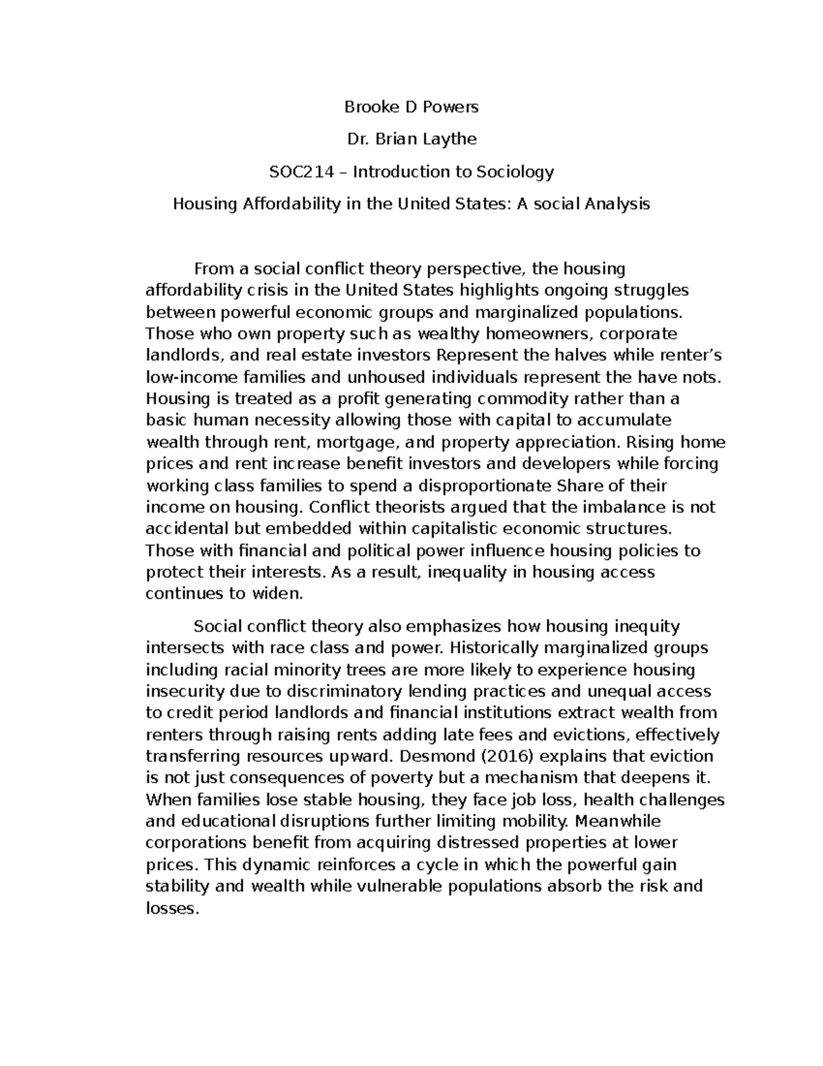 SOC214 Week 1 Essay: Housing Affordability & Social Conflict Theory ...