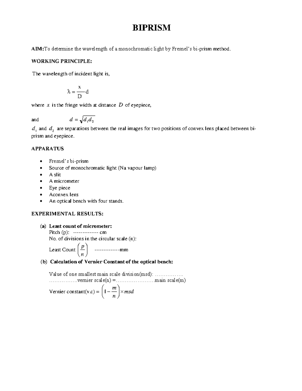Fresnel's Biprism Experiment: Wavelength Determination Method - Studocu