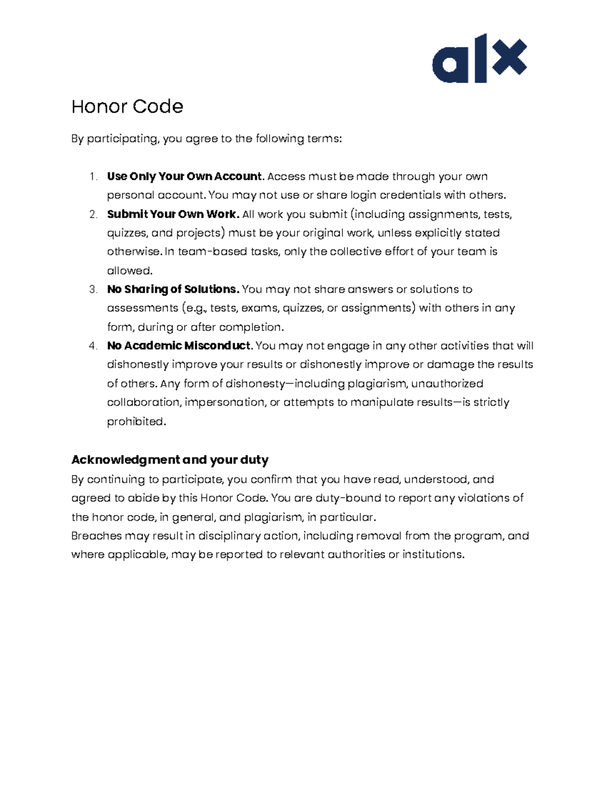 ALX Honor Code Guidelines: Terms of Participation and Integrity - Studocu