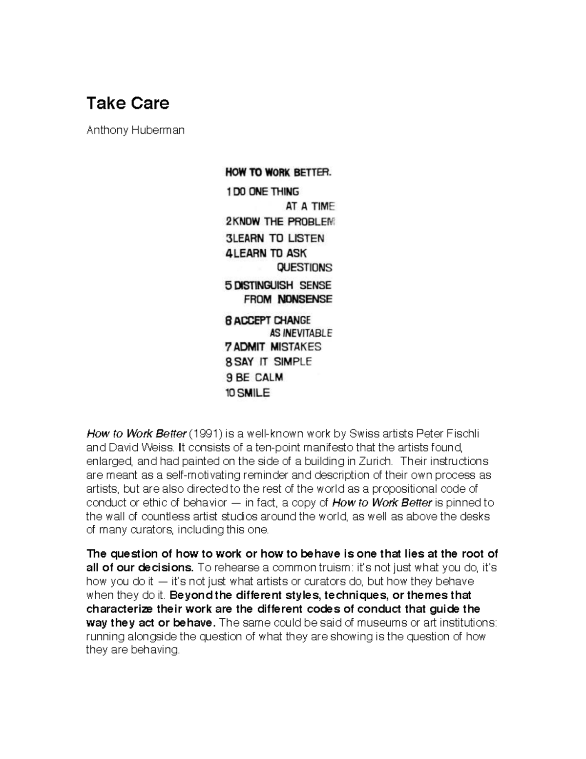 Revisiting Curatorial Ethics: Take Care by Anthony Huberman (1991 ...