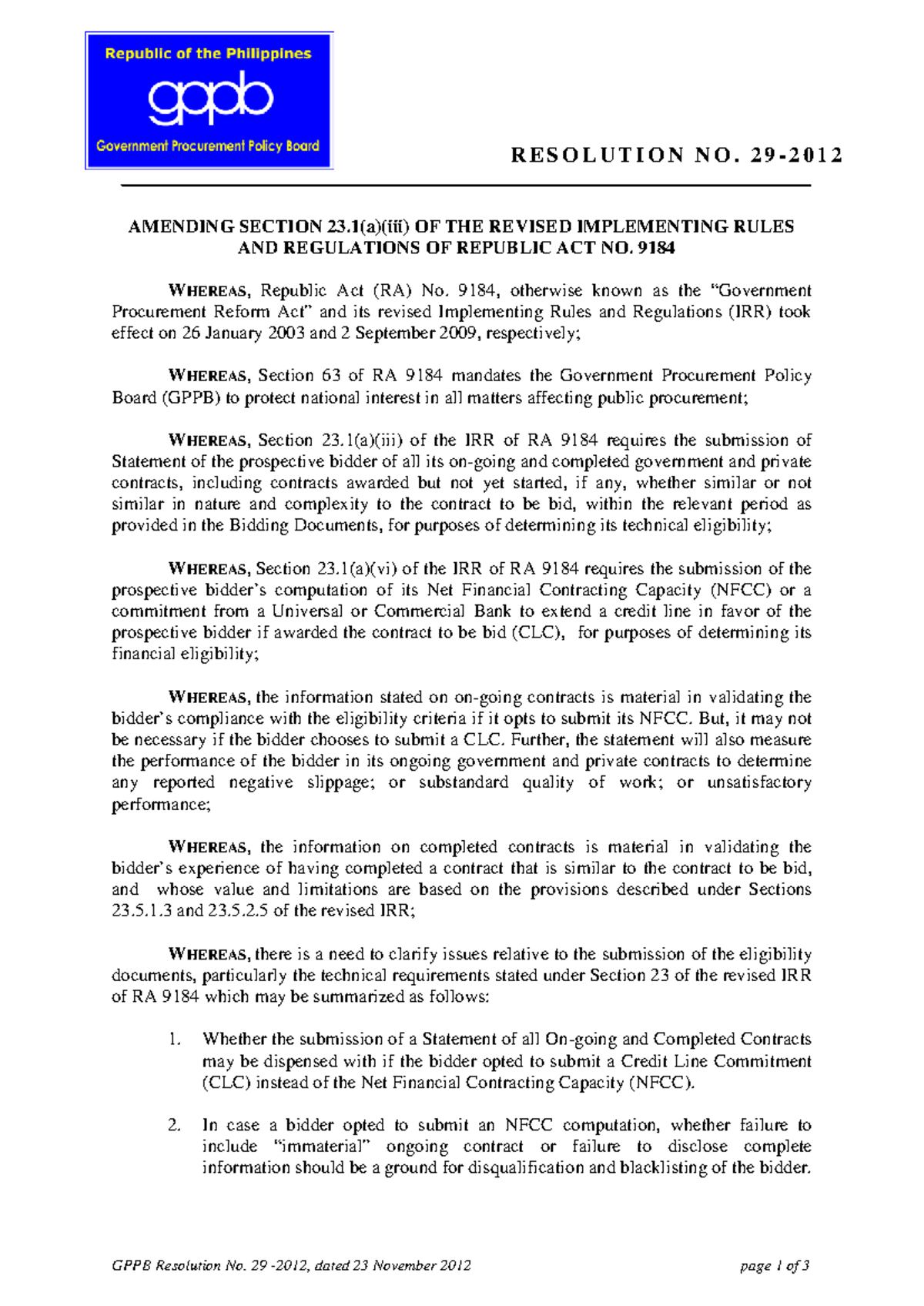 GPPB-Resolution-No. 29-2012: Amendments to RA 9184 IRR Eligibility ...