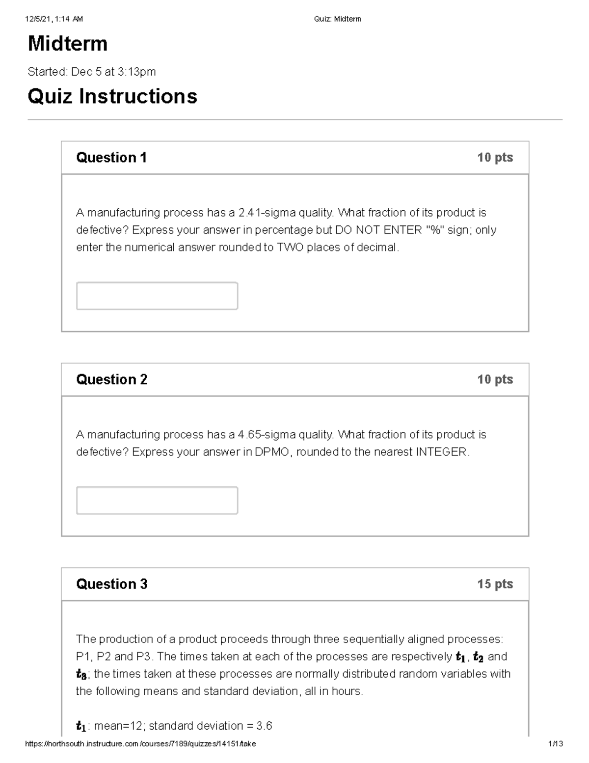Midterm Quiz on Manufacturing Processes and Quality Metrics (Course ...