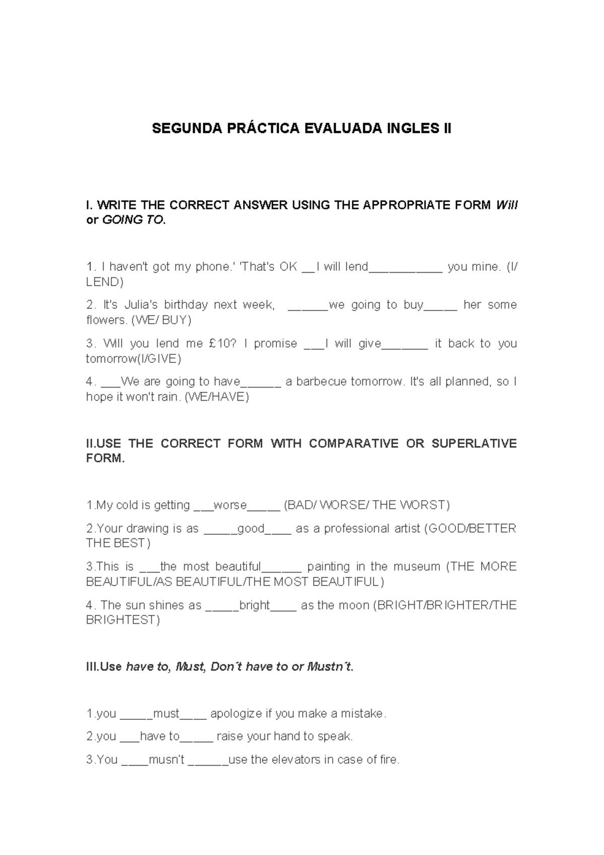 Segunda Práctica Evaluada Inglés II: Uso de Will y Going To - Studocu