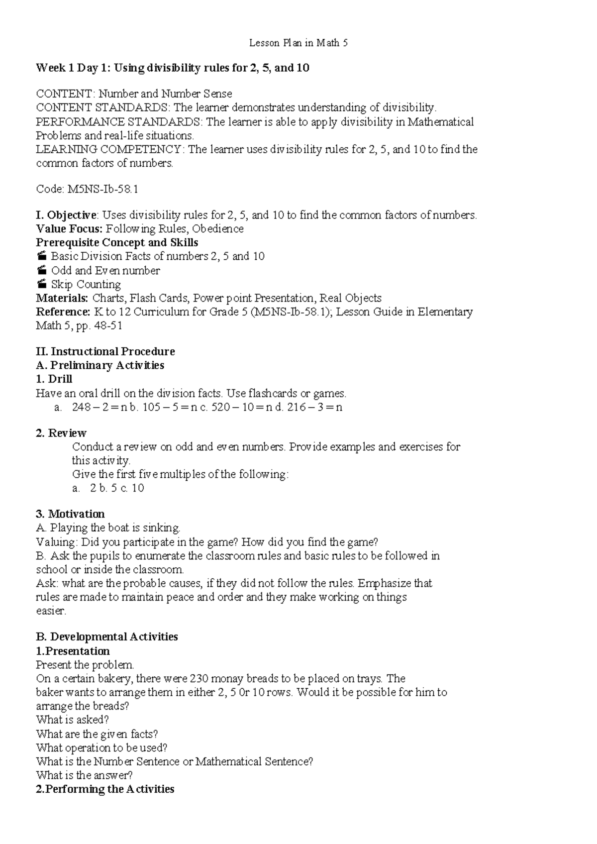 Math 5 Lesson Plan: Understanding Divisibility Rules for 2, 5, & 10 ...