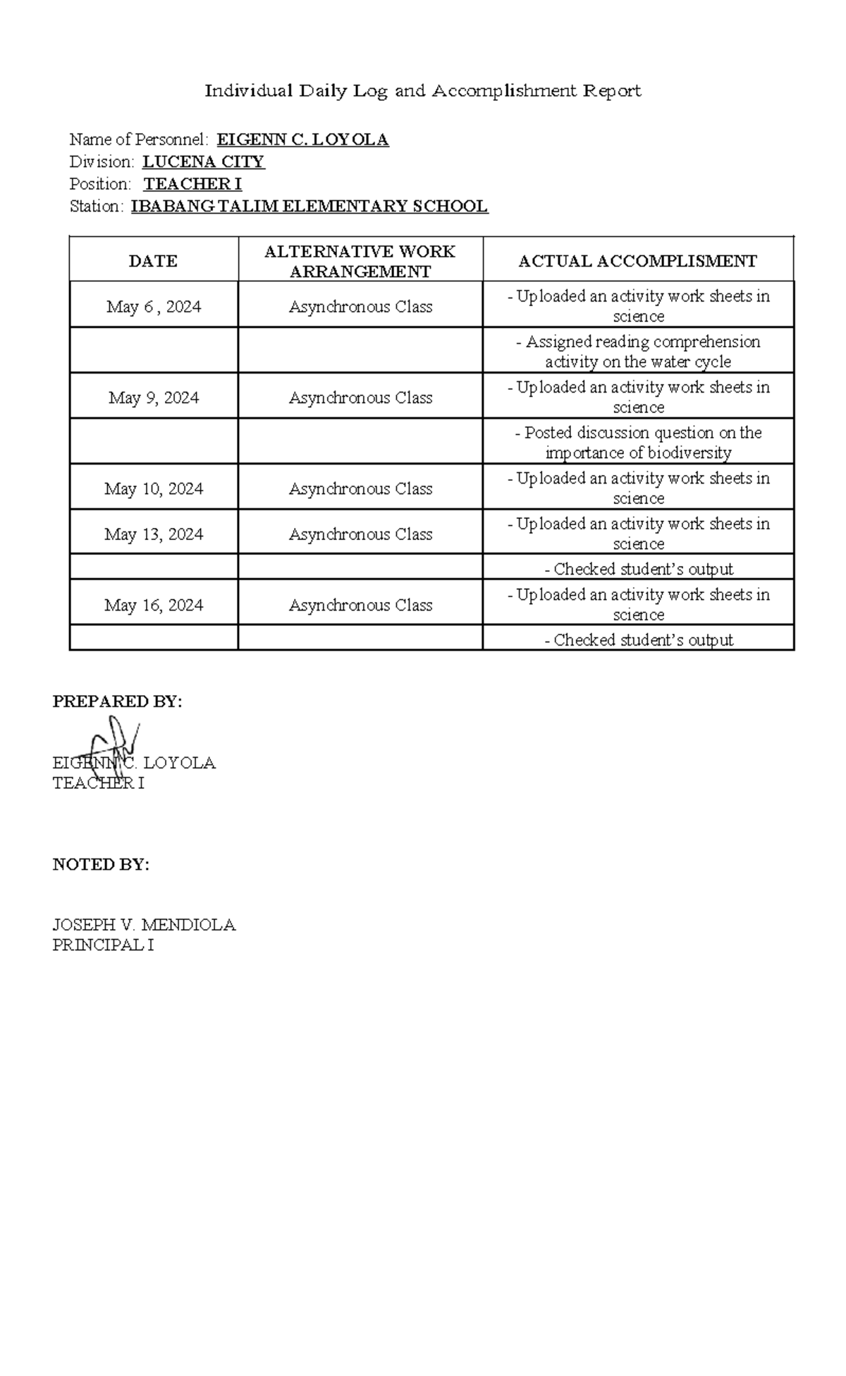 Eigenn Individual Daily Log and Accomplishment Report - Individual ...