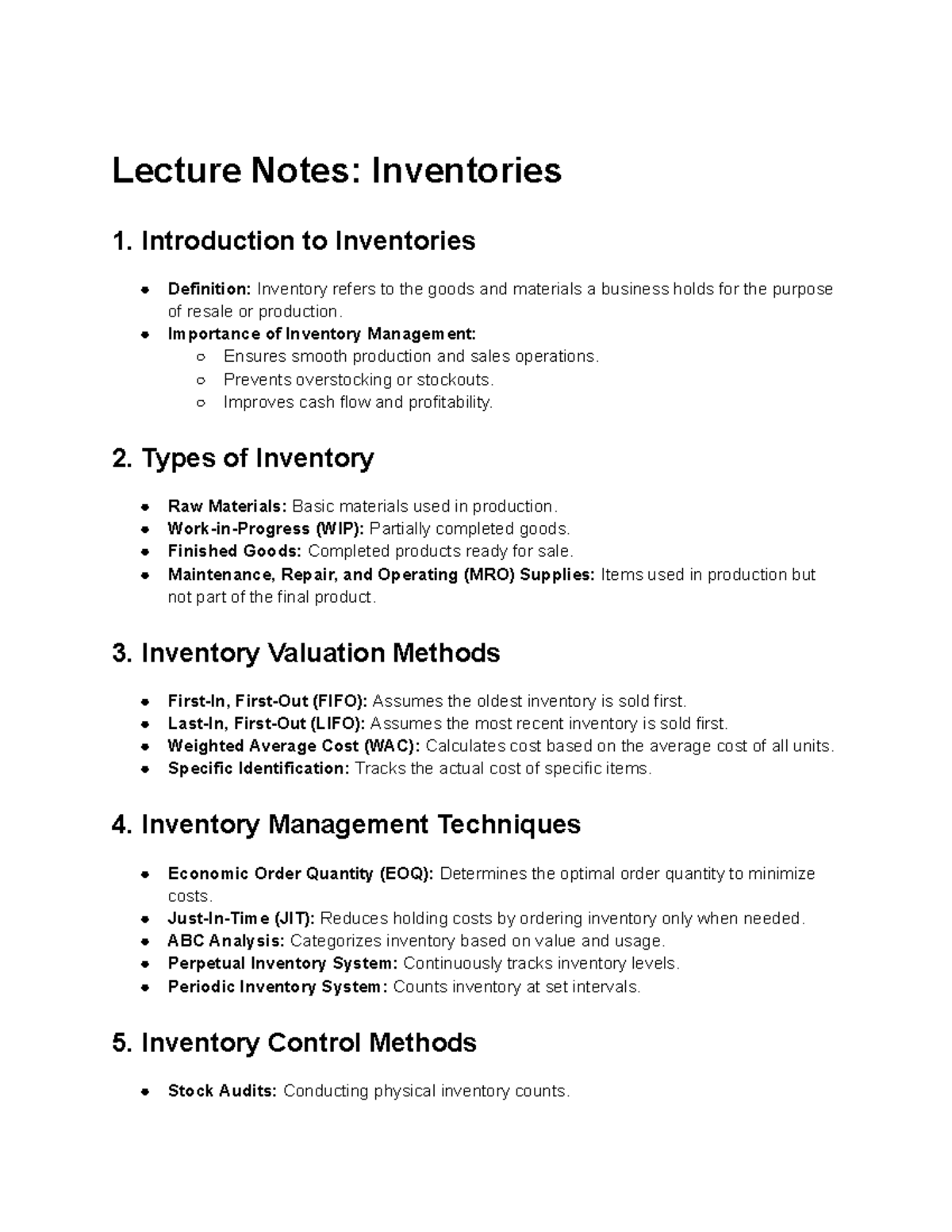Lecture Notes Inventories - Introduction to Inventories Definition ...