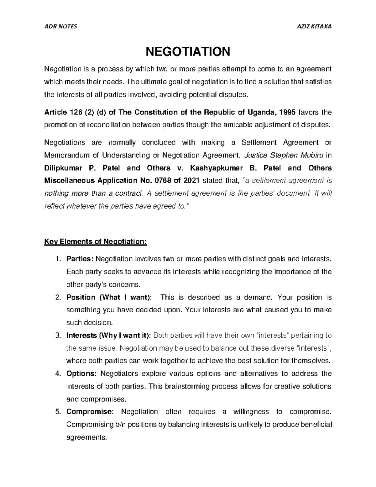 Negotiation and Mediation as ADR Processes in Uganda: An Analysis - Studocu