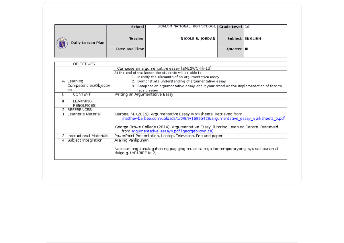 Grade 10 English: Detailed Lesson Plan on Argumentative Essays (EN10WC-IIh-13) - Studocu