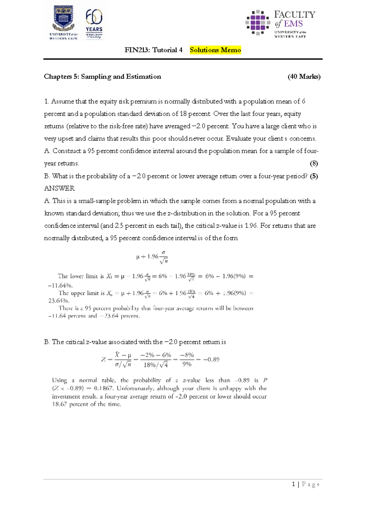 FIN213 - Tutorial 4 Chapter 5 Solutions Memo - FIN213: Tutorial 4 ...