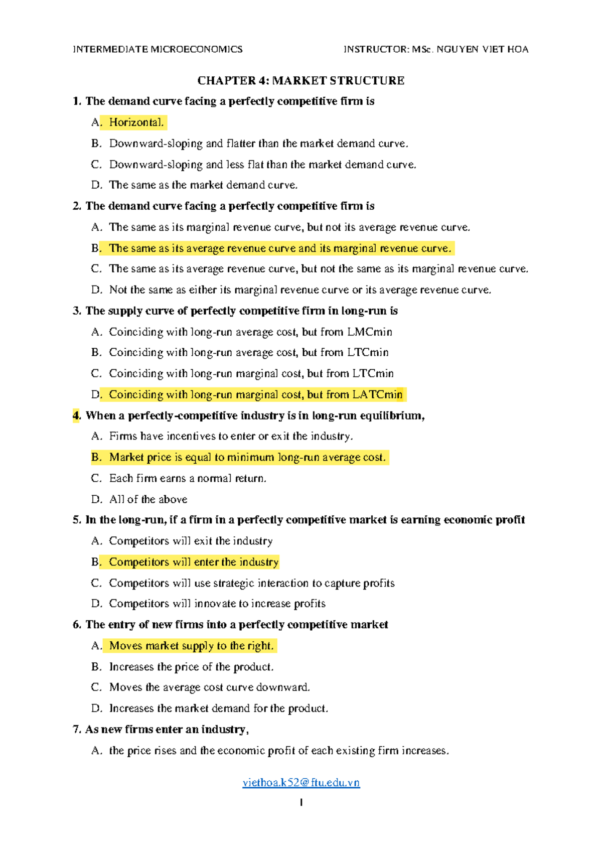 INTERMEDIATE MICROECONOMICS MCQs CHAPTER 4: MARKET STRUCTURE - Studocu