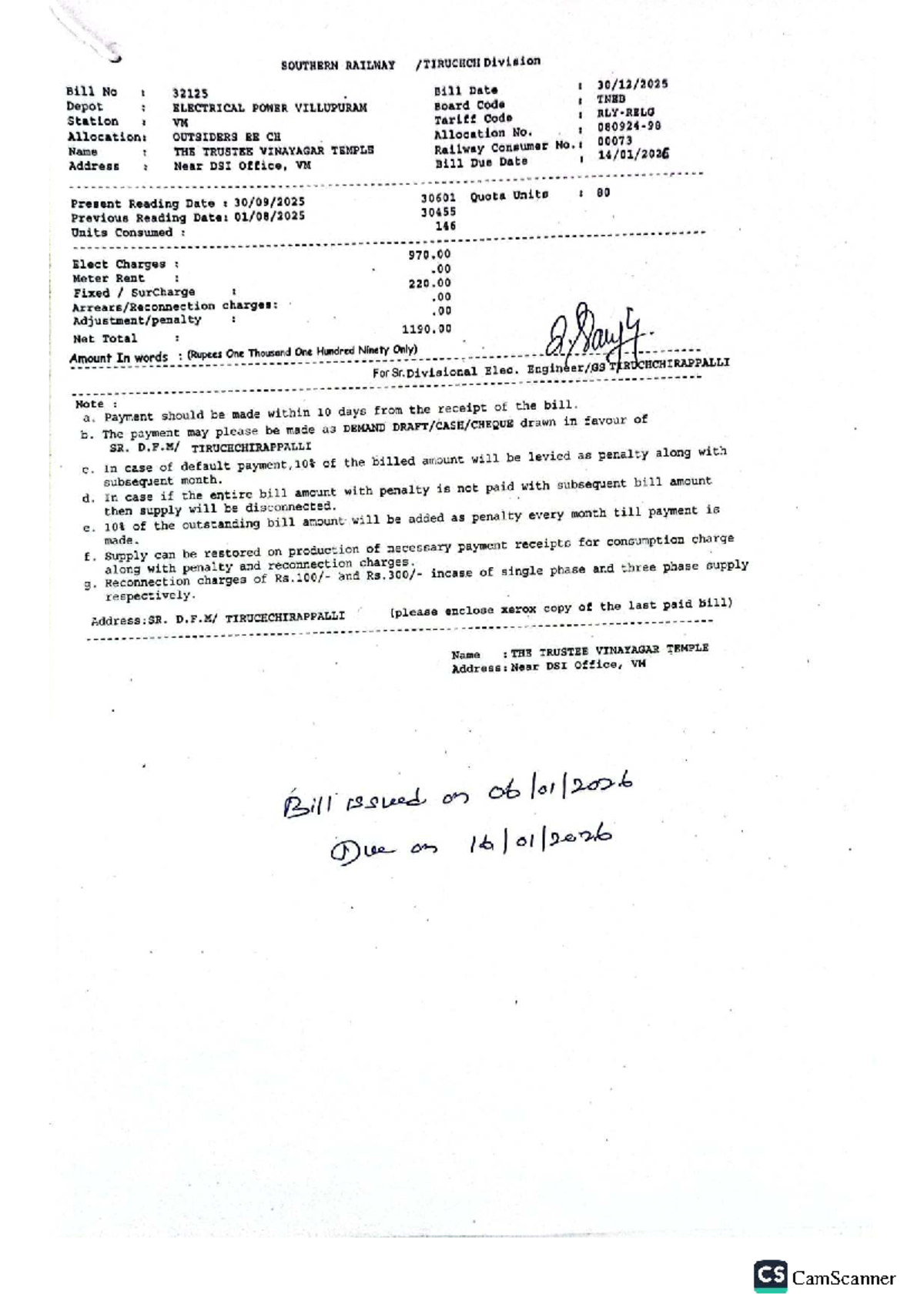 SOUTHERN RAILWAY Bill No. 32125 - Electrical Charges Details - Studocu
