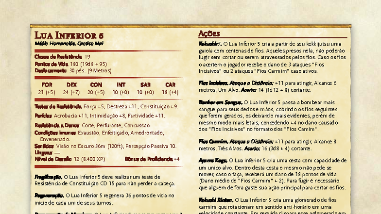 Lua Inferior 5: Ficha de Ações e Habilidades - Jogo de RPG - Studocu