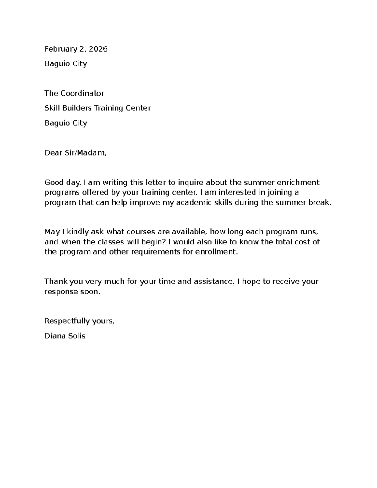 Inquiry About Summer Enrichment Programs at Skill Builders Center - Studocu