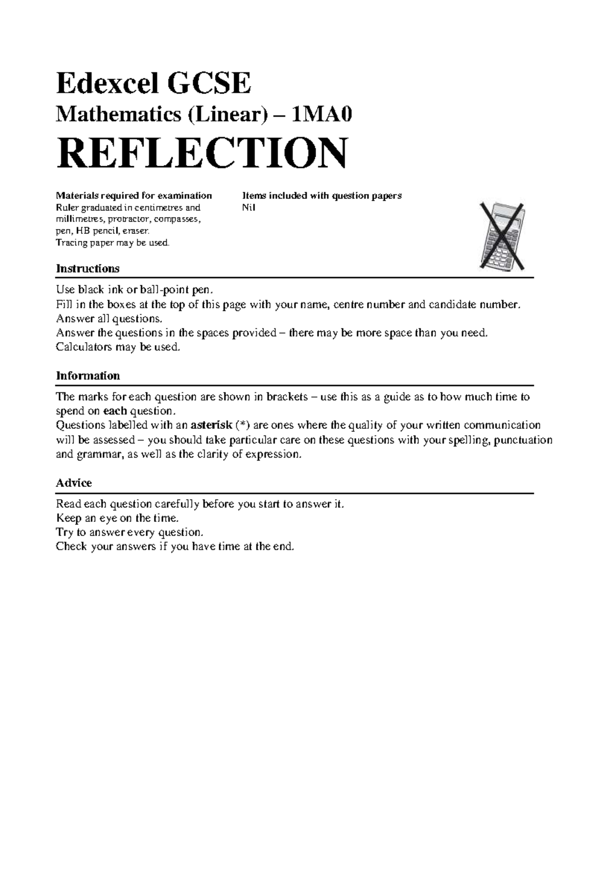 Edexcel GCSE Maths 1MA0 Reflection Practice Materials - Studocu