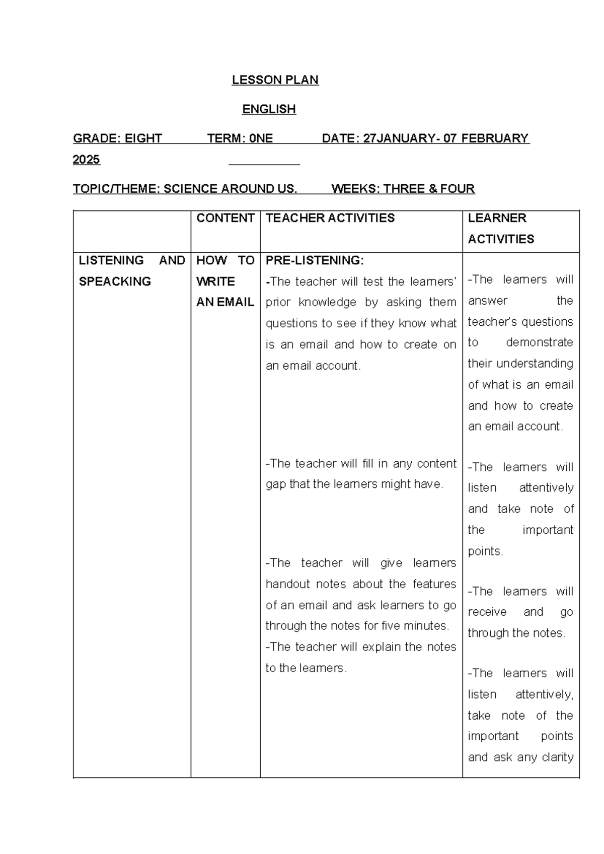 Grade 8 English Lesson Plan: Teaching Email Writing Skills - Studocu