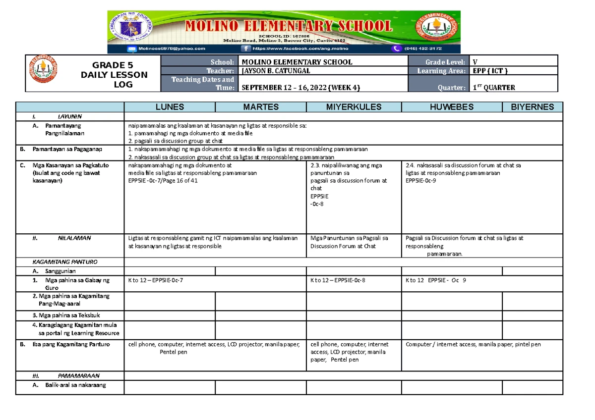 DLL Quarter 1 Week 4 EPP-ICT 5 - GRADES 1 to 12 DAILY LESSON LOG School: Grade Level: V Teacher ...