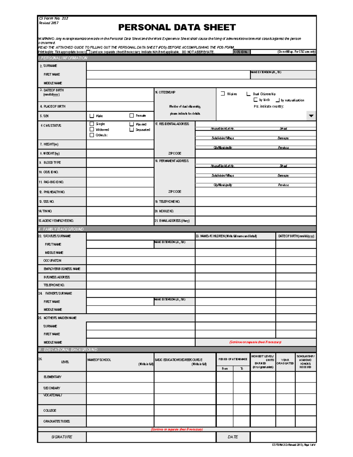 CS Form No. 212 Personal Data Sheet revised - Print legibly. Tick ...
