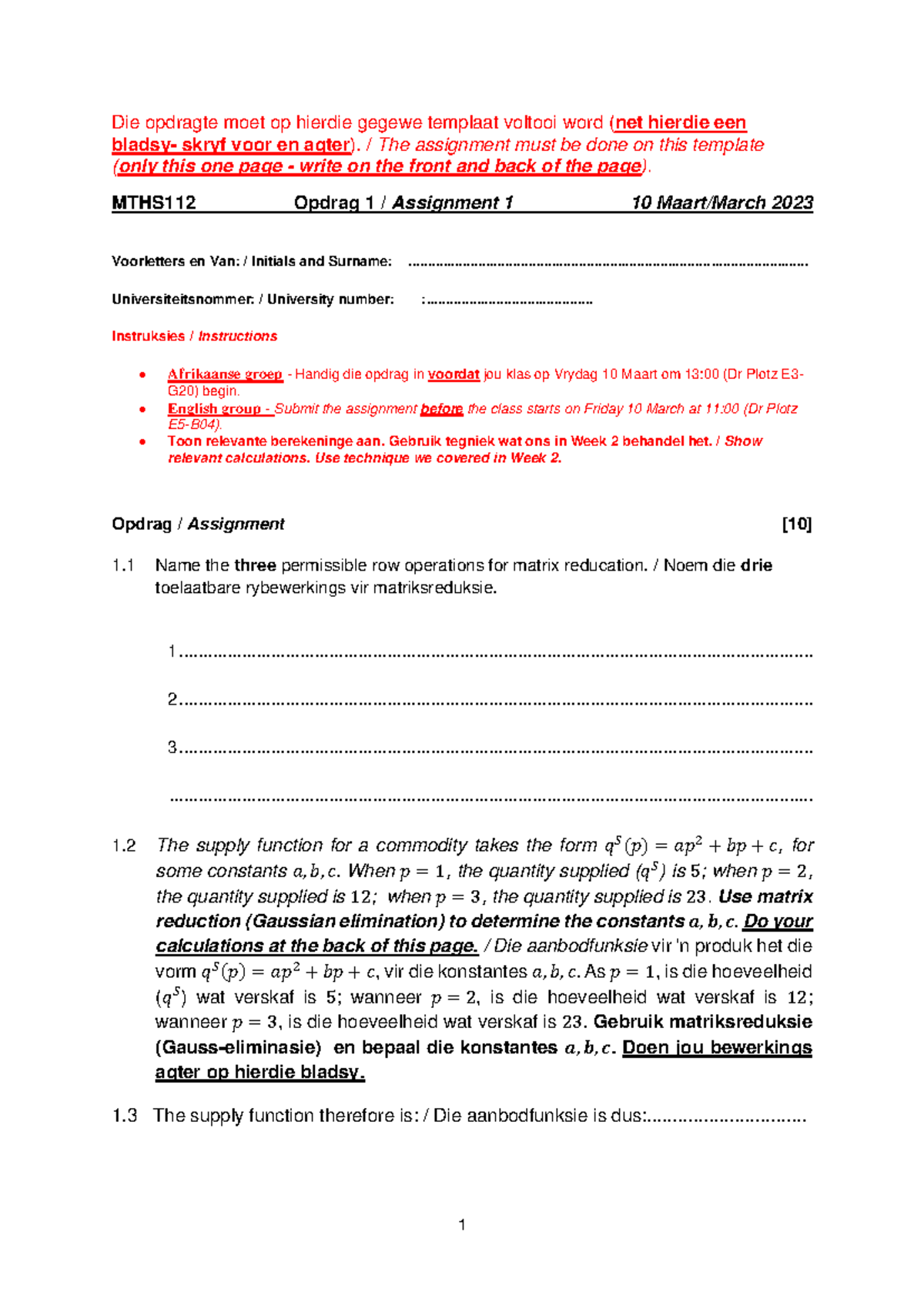 Assignment 1 - MTHS 112: Matrix Reduction and Supply Function ...