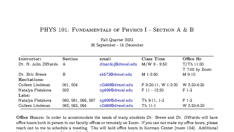 PHYS 101: Syllabus for Fundamentals of Physics I, Fall 2023 - Studocu