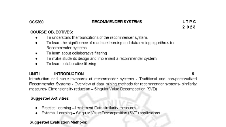CCS360 Recommender Systems Syllabus & Course Objectives - Studocu