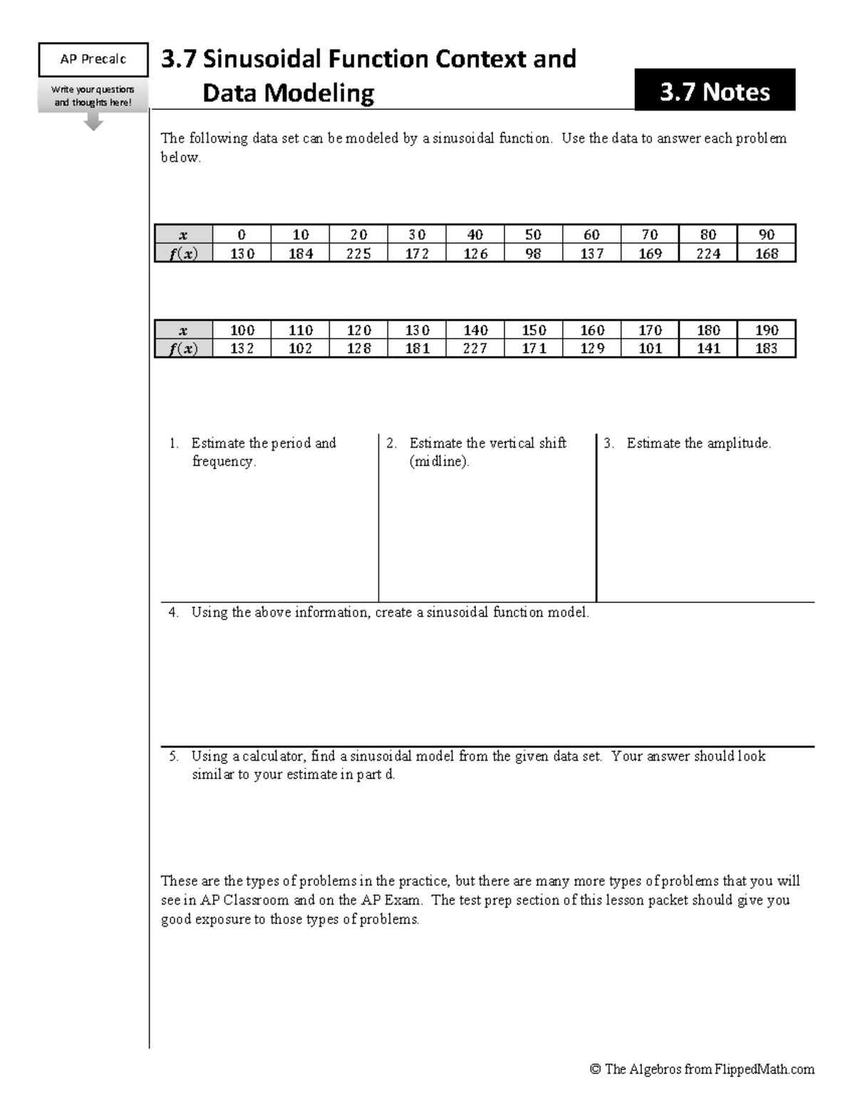 Ap pre calculus - The following data set can be modeled by a sinusoidal ...