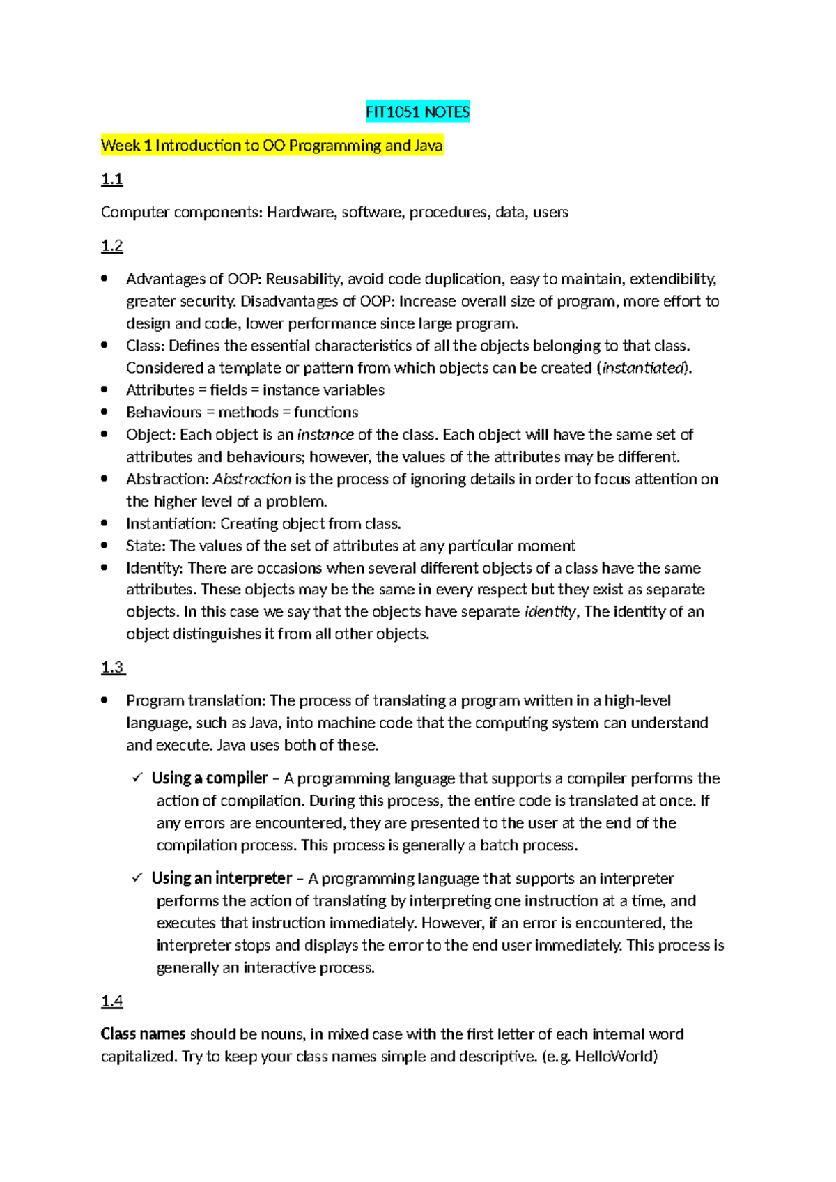 FIT1051 Notes - FIT1051 NOTES Week 1 Introduction to OO Programming and ...