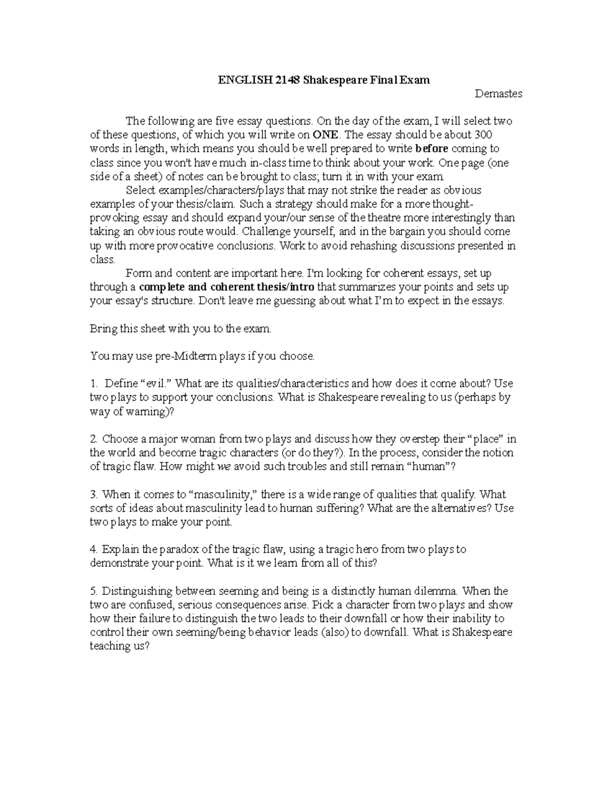 ENGLISH 2148 Fall Final Exam Essay Questions on Shakespeare - Studocu