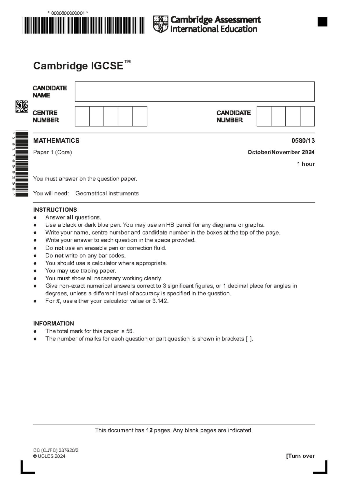 Cambridge 1 6 1 7 6 5 8 2 5 6 MATHEMATICS Paper 1 (Core) 2024 Exam ...