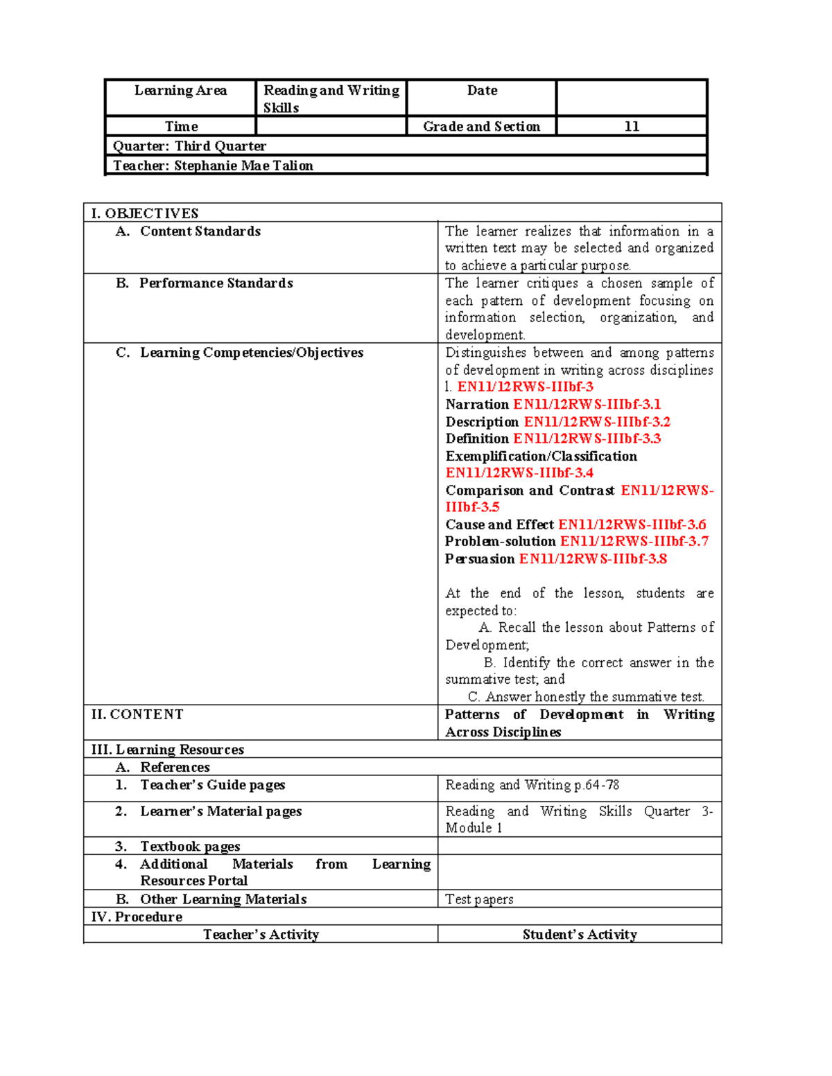 EN11/12RWS-IIIbf Summative Test: Patterns of Development in Writing ...