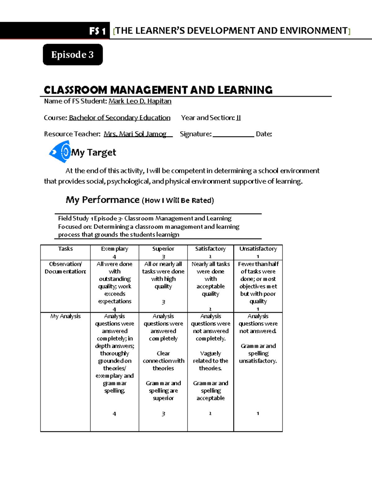 Field Study 1 Episode 3: Classroom Management Analysis and Reflections ...