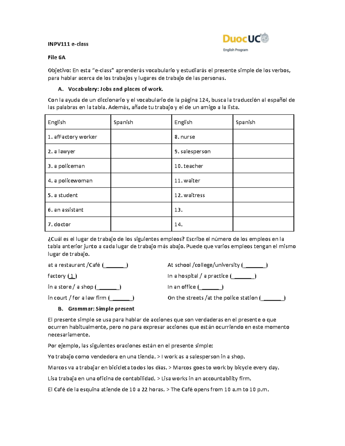 INPV111 e-class 6A: Vocabulary & Simple Present Grammar Guide - Studocu