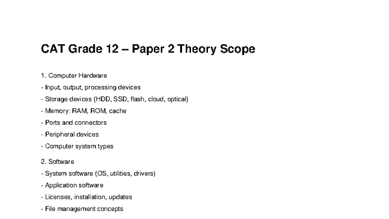 CAT Grade 12 Paper 2 Theory Scope: Computer Hardware & Software - Studocu